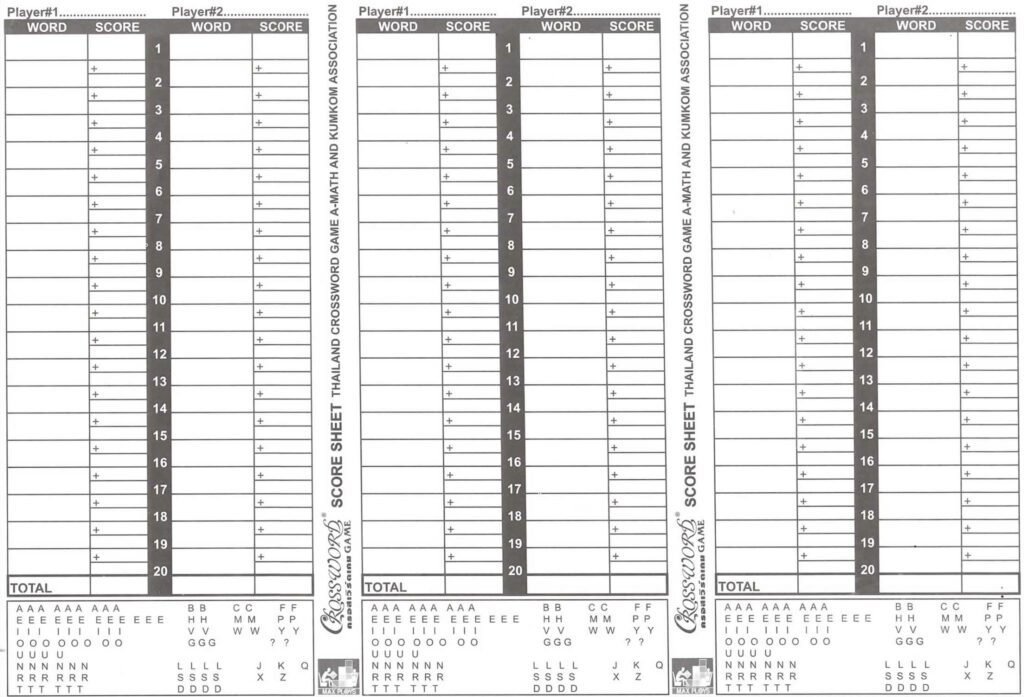 ใบบันทึกคะแนนการแข่งขัน Crossword, A-math และคำคม - KrooTor | ณัฐกร